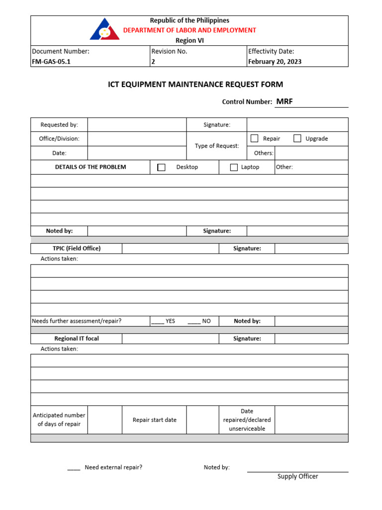 FM-GAS-05.1 ICT Equipment Maintenance Request Form With Evaluation ...