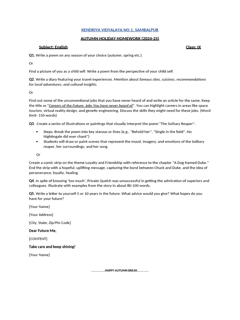 HW For Autumn Break Class Ix | PDF