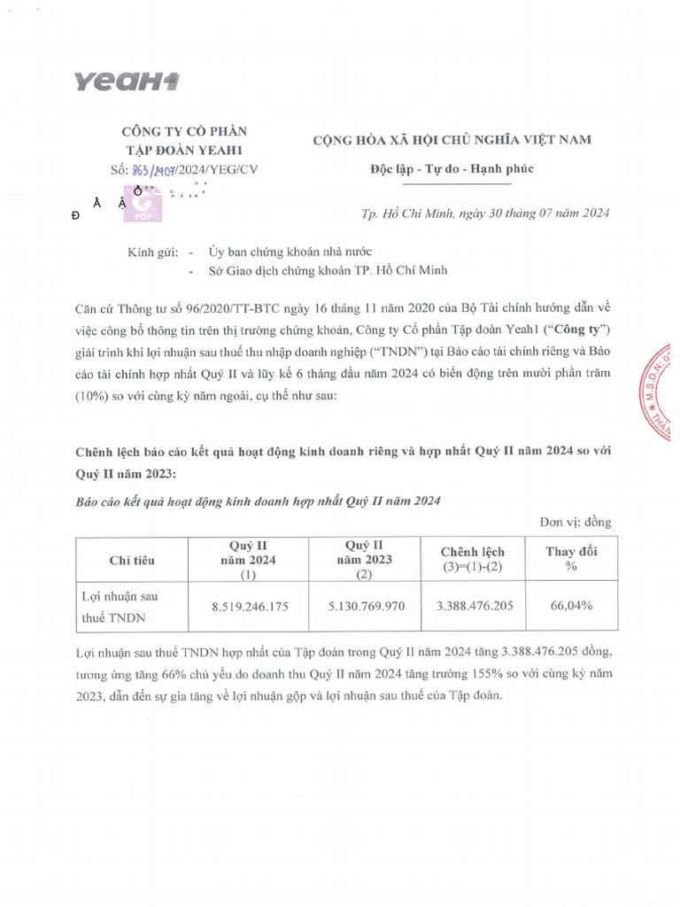 YEG Giai Trinh Va BCTC Hop Nhat Quy II 2024 | PDF
