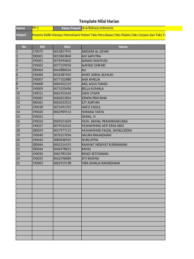 Template Nilai Harian-IX.A-Bahasa Indonesia | PDF