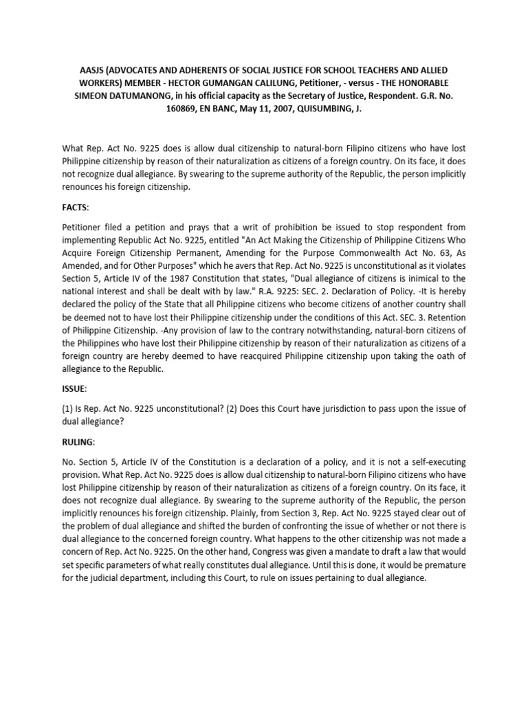 Dual Citizenship and Rep. Act No. 9225 Ruling | PDF | Naturalization ...