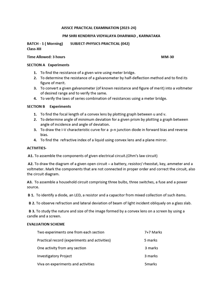 AISSCE 2023-24 Physics Practical Guide | PDF