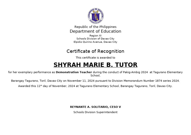 Certificate of Recognition DEmo Teacher | PDF