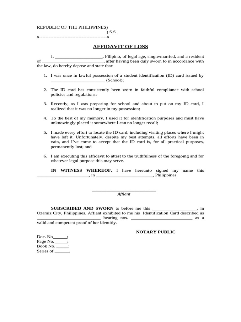 Affidavit of Loss Template 1 | PDF