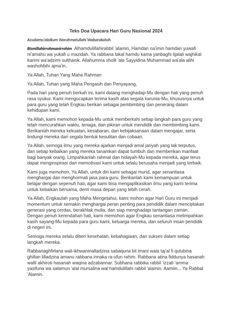 Teks Doa Upacara Hari Guru Nasional 2024 | PDF