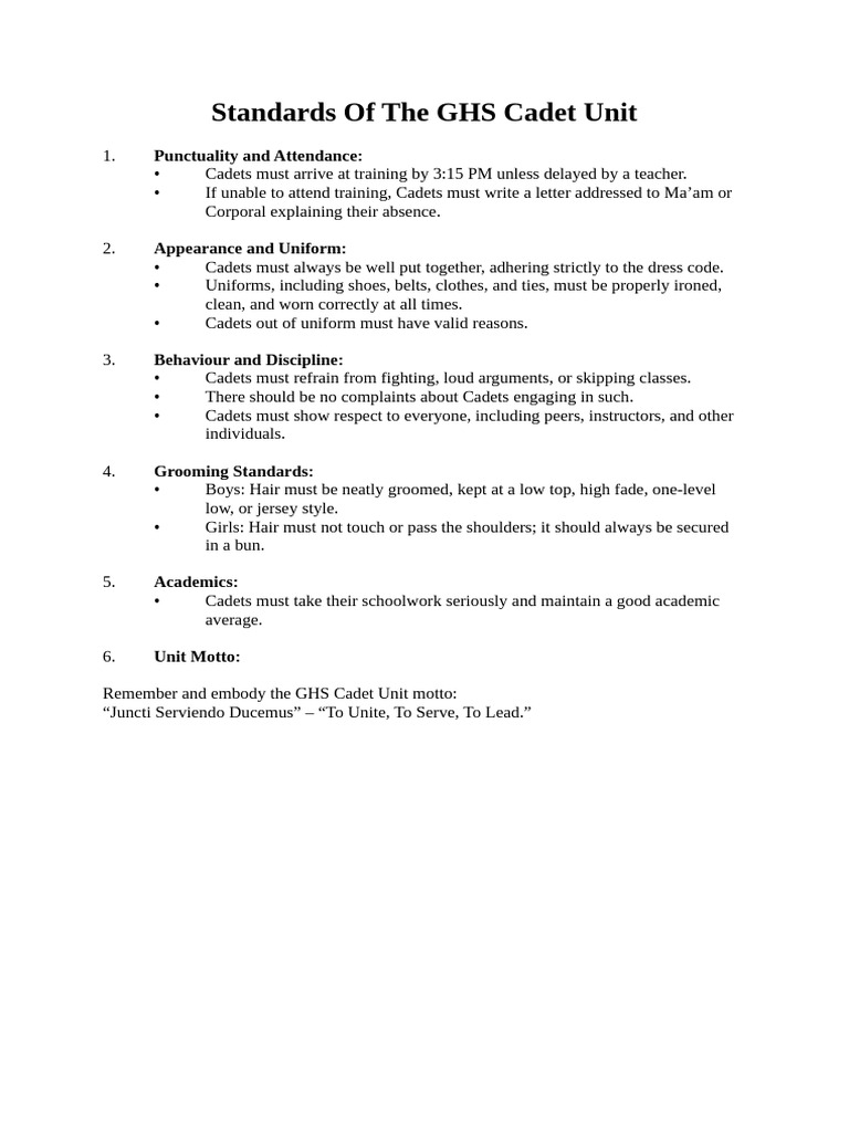 Standards of the GHS Cadet Unit | PDF