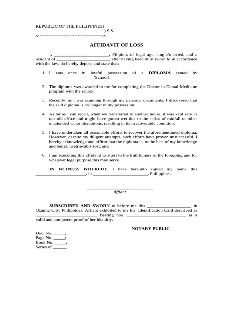 Affidavit of Loss Template 2 | PDF