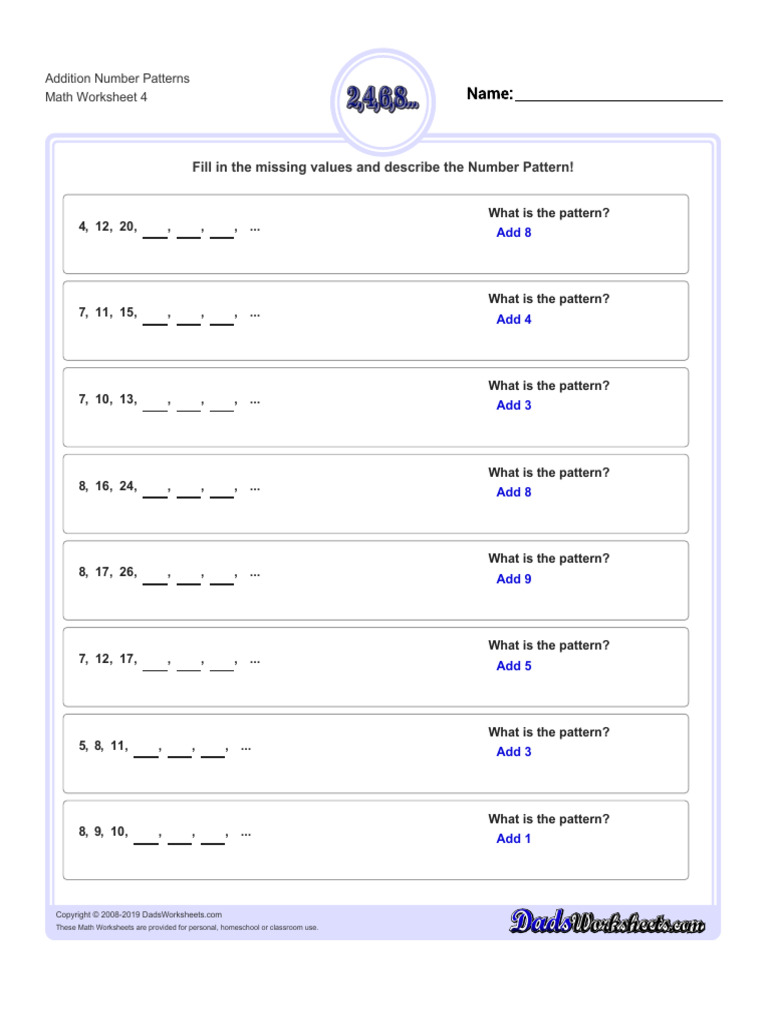 Addition Number Patterns (Fourth Worksheet) | PDF