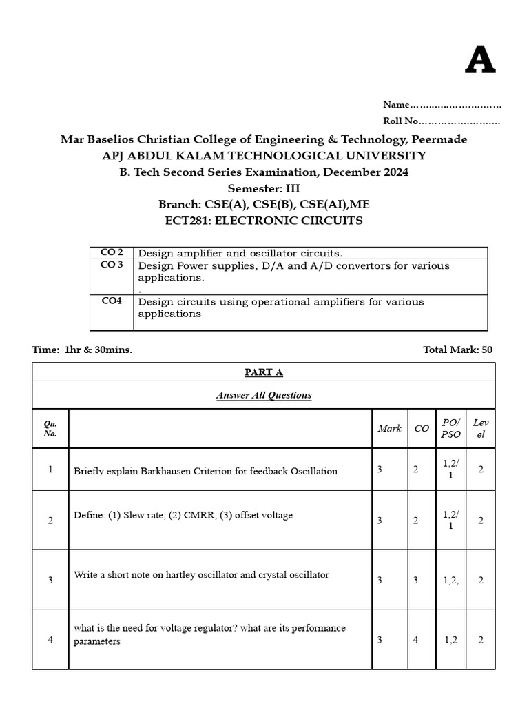 B.Tech Electronic Circuits Exam 2024 | PDF | Electronic Oscillator | Electrical Engineering