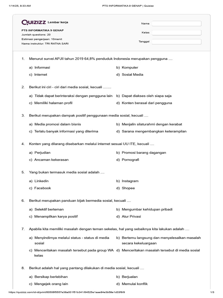 Quizizz - PTS INFORMATIKA 9 GENAP | PDF