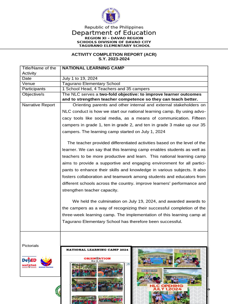 Tagurano Elementary National Learning Camp Report | PDF | Learning ...