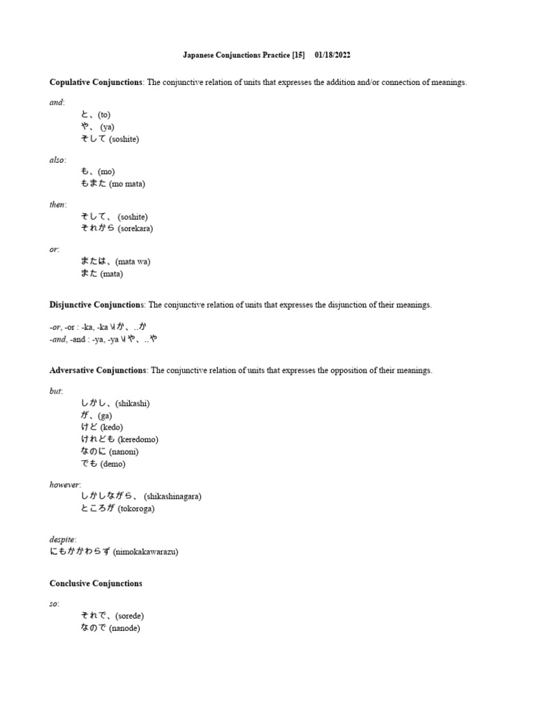 Japanese Conjunctions Guide | PDF | Languages Of Taiwan