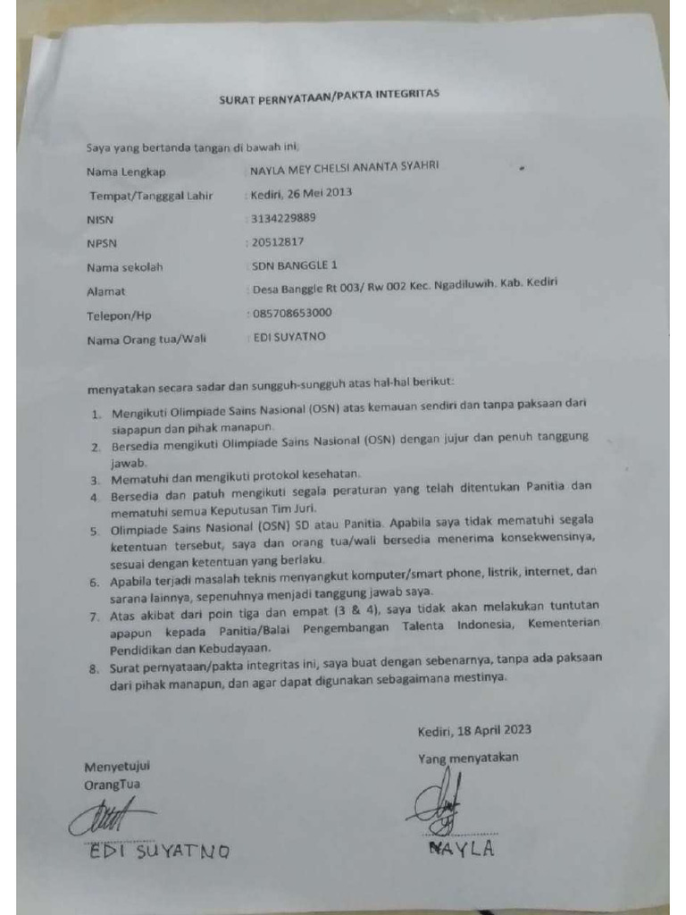 Surat Pernyataan Nayla | PDF