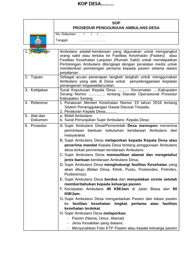 SOP Ambulan Desa Dan Kendaraan Desa Siaga | PDF