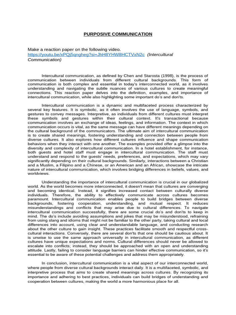 Purposive Communication (Reaction Paper) | PDF | Cross Cultural ...