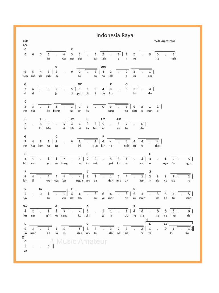 Partitur Not Angka Indonesia Raya | PDF