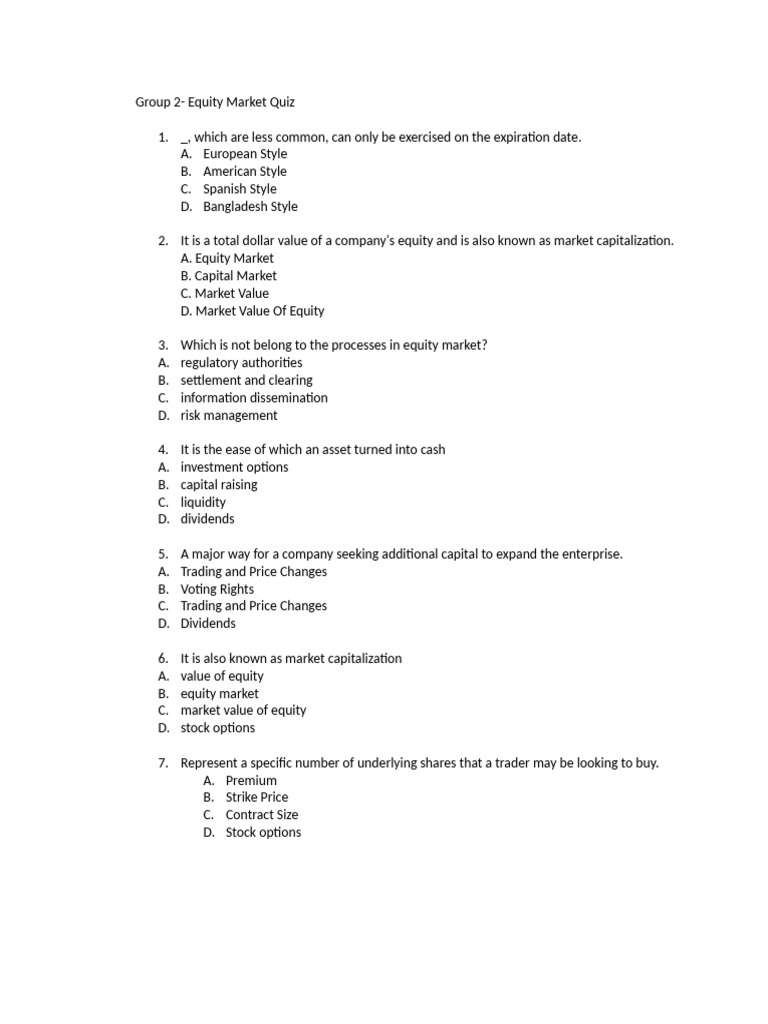 Equity Market Quiz Questions & Answers | PDF | Stocks | Equity (Finance)