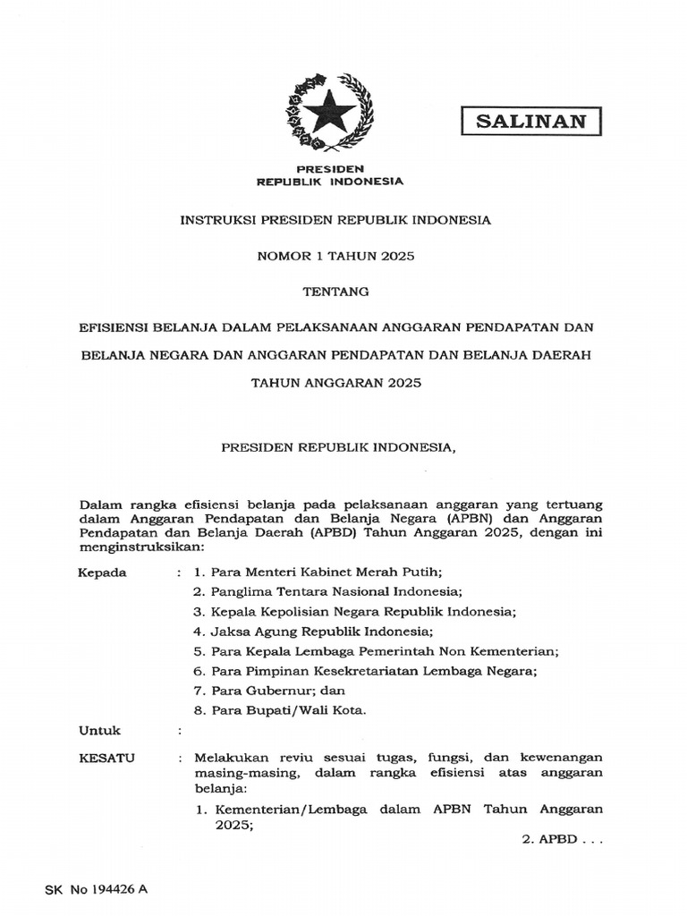 Inpres 1 Tahun 2025 | PDF