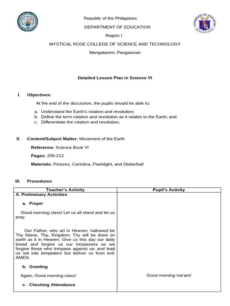 Detailed Lesson Plan in Science VI | PDF | Rotation | Earth