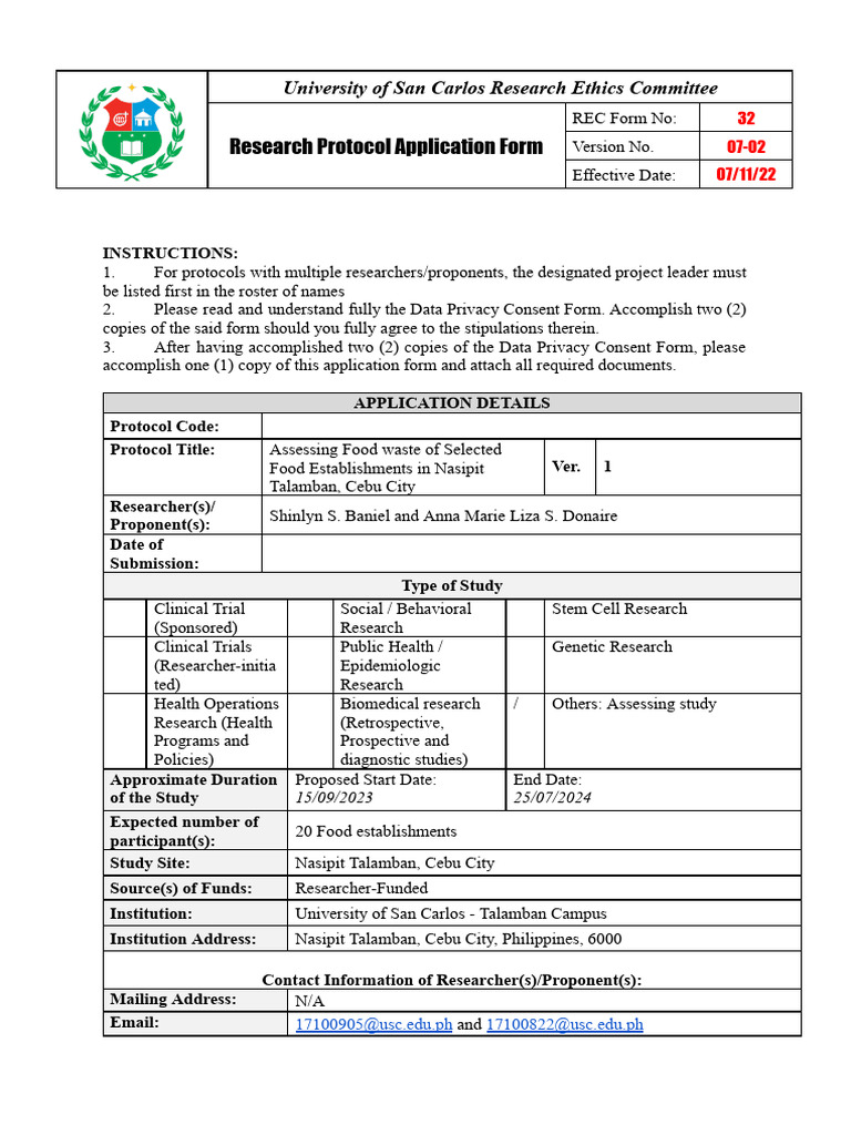 USC REC F-32 - Research Protocol Application Form | PDF | Conflict Of ...