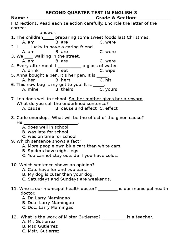 Grade 3 Q2 English Tos TQ | PDF | English Language | Linguistics