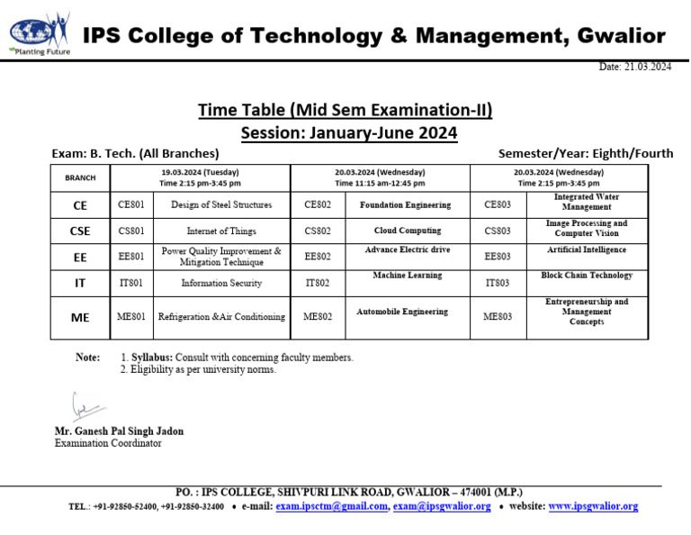 MST-II - of VIII Sem TIME TABLE - March - 2024 | PDF | Computing ...