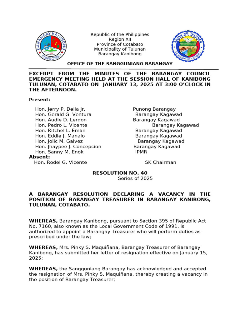 Barangay Kanibong Treasurer Vacancy Resolution | PDF