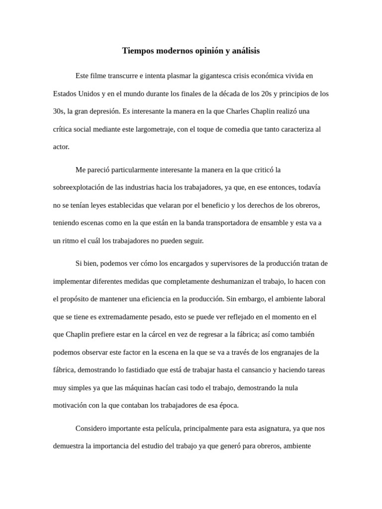 Análisis de "Tiempos Modernos" y su crítica social | PDF