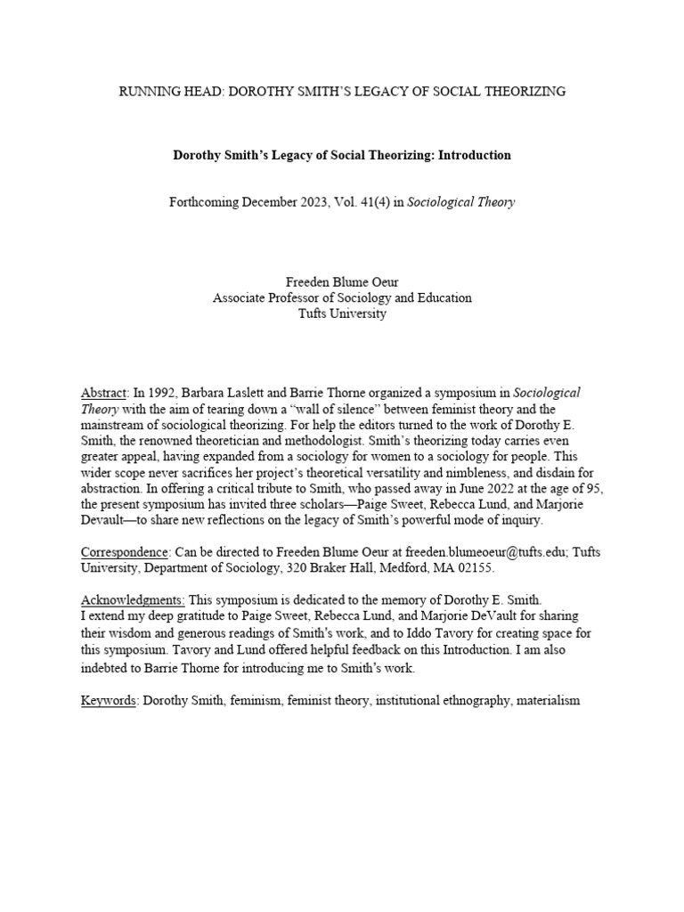 Blume Oeur, F - Dorothy Smith Introduction - Soc Theory Dec 2023 ...