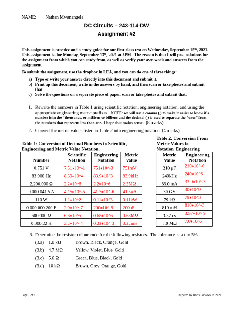243 114 DW Assignment 2 Prep For Test 1 F2021 | PDF | Resistor | Voltage