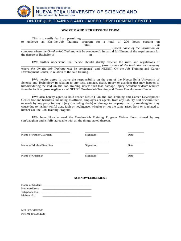 NEUST-OJT-F003 Waiver and Permission Form | PDF | Legal Concepts | Justice