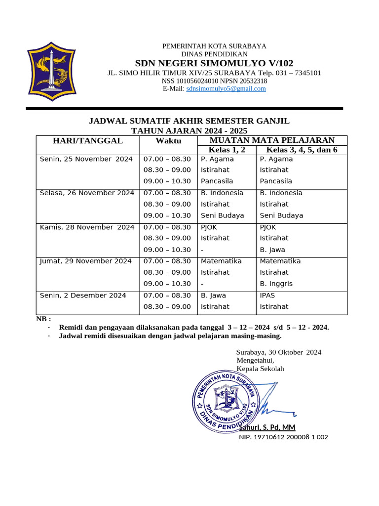 Jadwal Sumatif Akhir Semester Ganjil Tahun Ajaran 2024-2025 | PDF