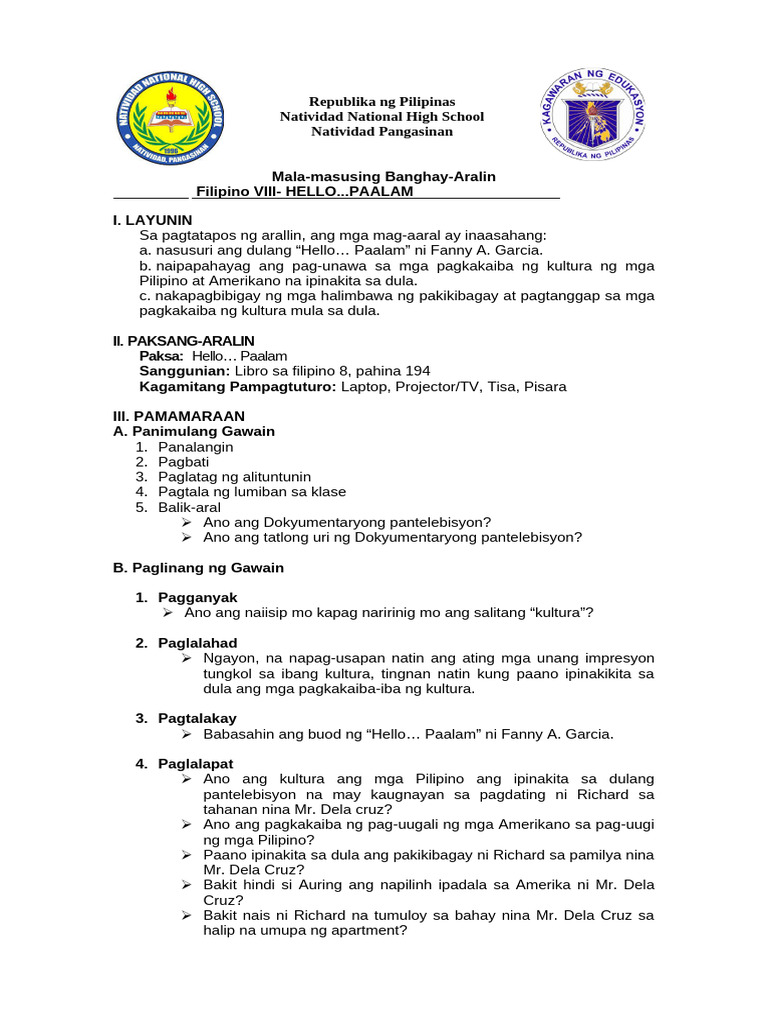 FILIPINO-VIII Malasusing Banghay Aralin Sa Filipino 8-Hello... Paalam | PDF