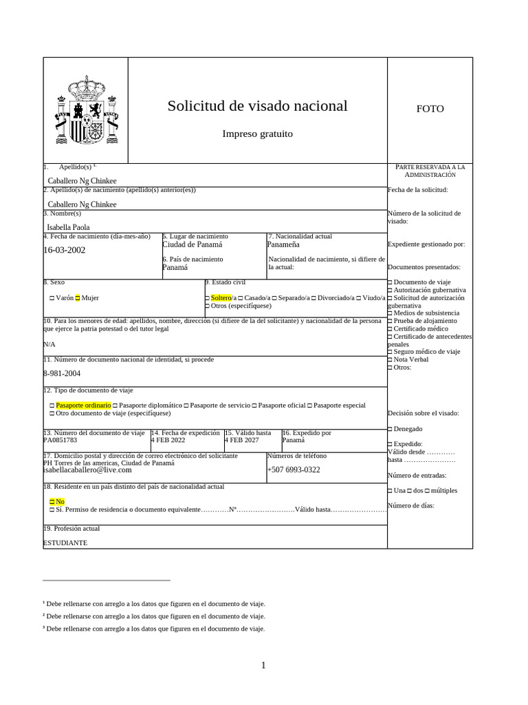 Solicitud de Visado Nacional Lleno | PDF | Visa de viaje | Documento de ...
