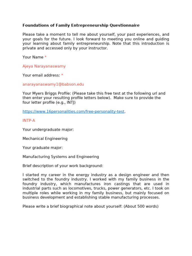 Foundations of Family Entrepreneurship Questionnaire-1 | PDF ...