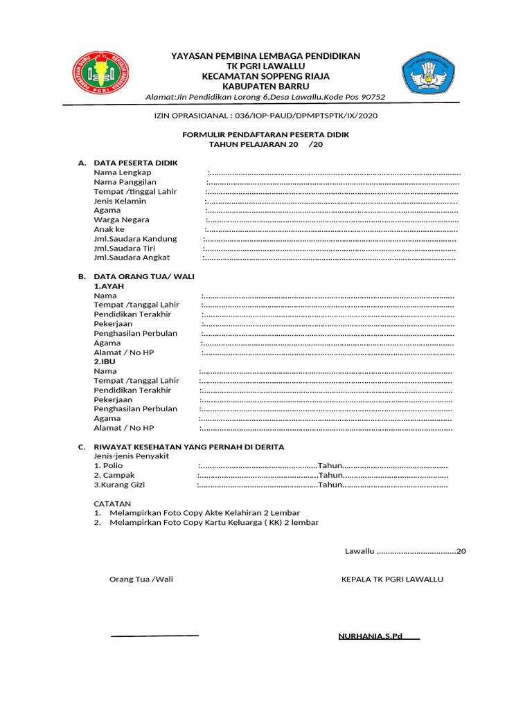 Formulir Peserta Didik TK | PDF