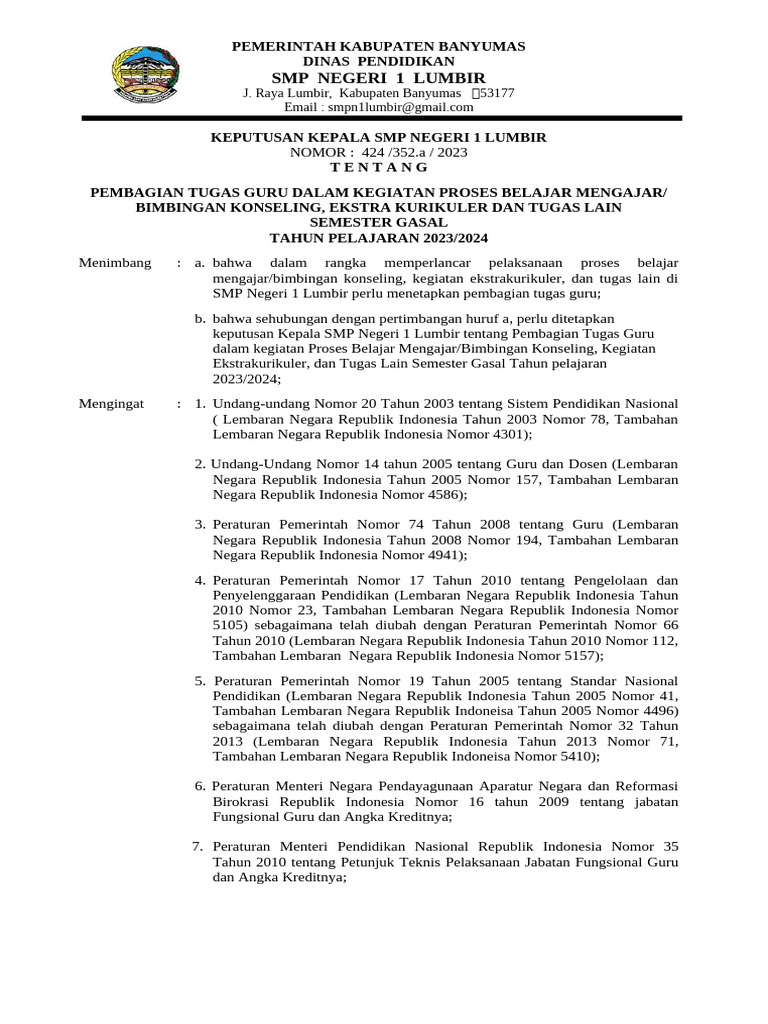 Konsideran SK Pembagian Tugas Guru Gasal 1 Agustus 2023 2024 | PDF