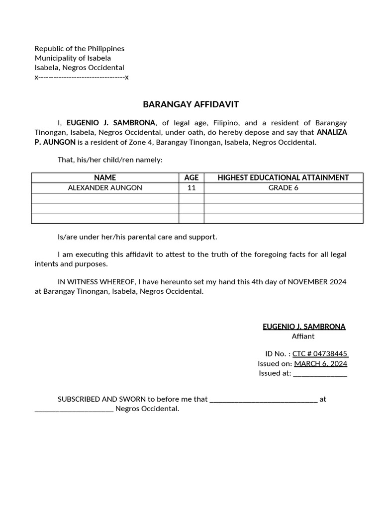 Barangay Affidavit For Solo Parent | PDF
