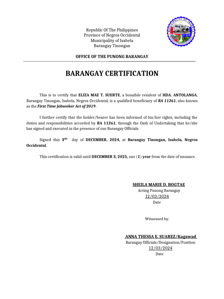 Barangay 1ST Time Job Seeker | PDF | Justice | Crime & Violence