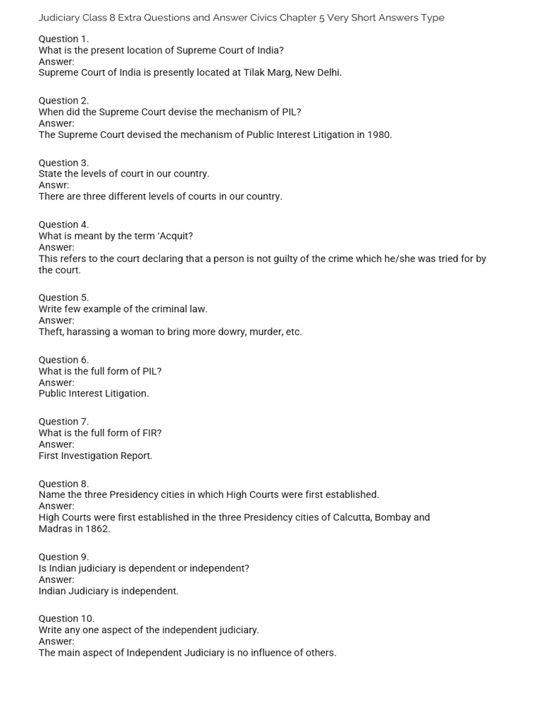 Judiciary Class 8 Extra Questions and Answer Civics Chapter 5 Very ...