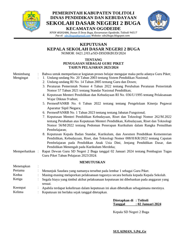 SK - Tugas Piket SDN 2 Buga Tahun 2024 | PDF