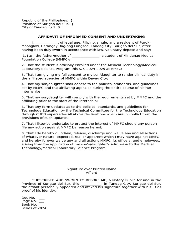 Affidavit of Informed Consent and Undertaking | PDF