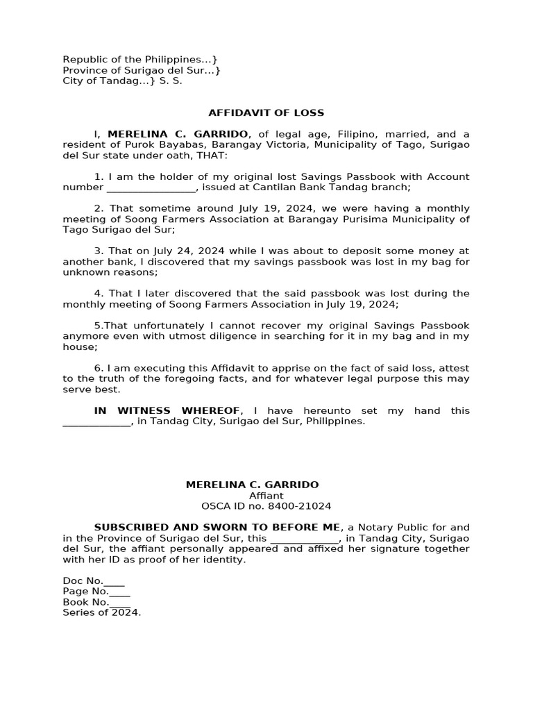Affidavit of Loss (Passbook) | PDF