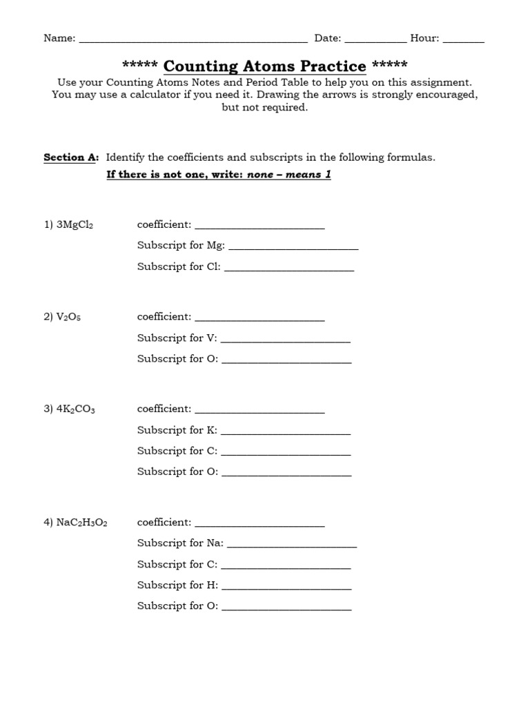 Counting Atoms Practice Advanced Copy | PDF | Molecules | Atoms