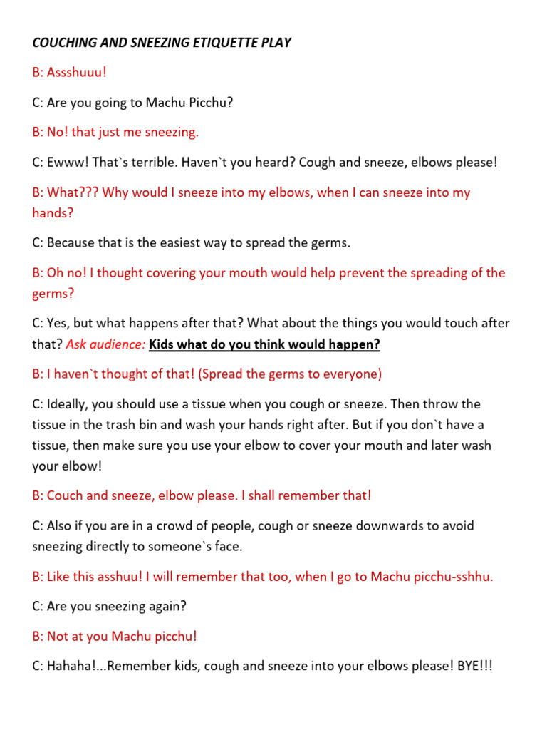 Coughing and Sneezing Etiquette Role Play | PDF
