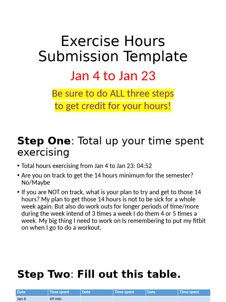 W25 Exercise Hour Submission Template Jan 4 To Jan 23 | PDF