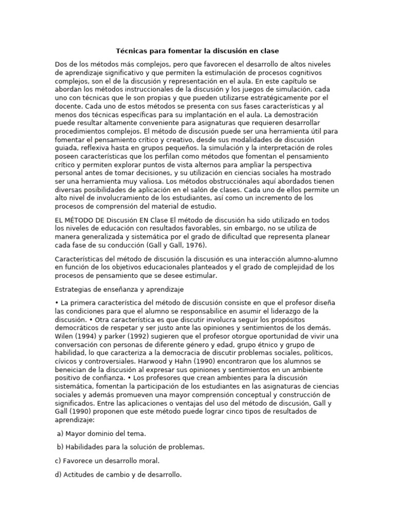 Técnicas para Fomentar La Discusión El Clase | PDF | Pensamiento | Maestros