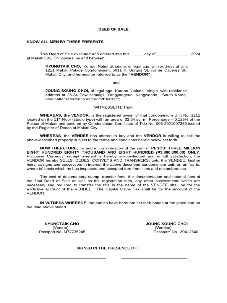 Deed of Sale Condo Format | PDF | Deed | Real Property Law