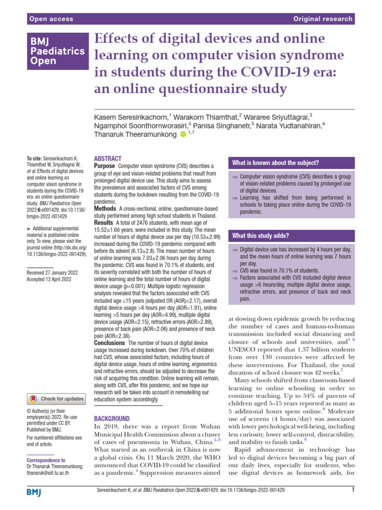 Effects of digital devices and online learning on computer vision ...