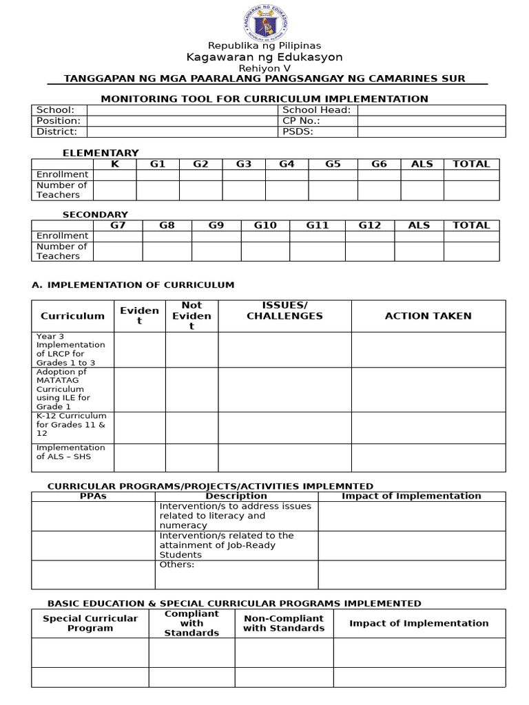 Curriculum Implementation Monitoring Tool | PDF | Curriculum